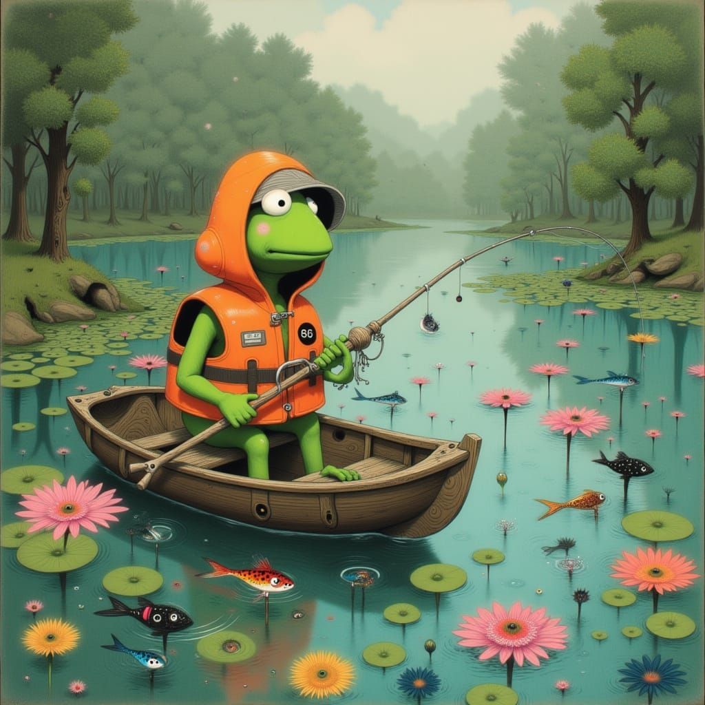 Kermit the Frog Fishing in Dreamy Kidcore Watercol... - AI Art