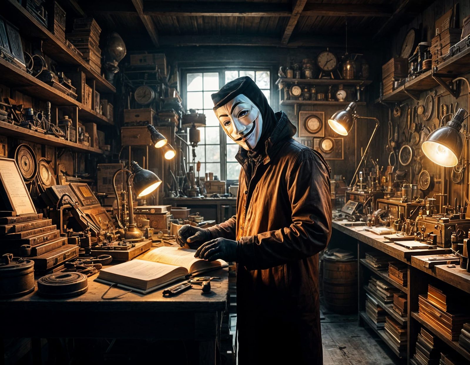Anonymous Ray in mask posing as a great inventor at work