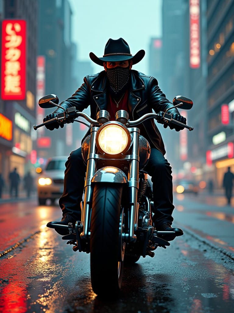 The Wrangler - Cyberpunk Cowboy Rides Chrome Motorcycle in G...