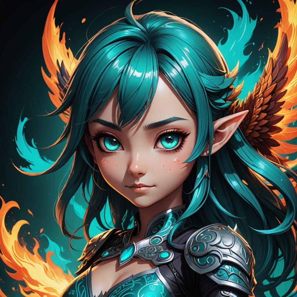 Majestic Chibi Phoenix in Vibrant Teal Flames - AI Art