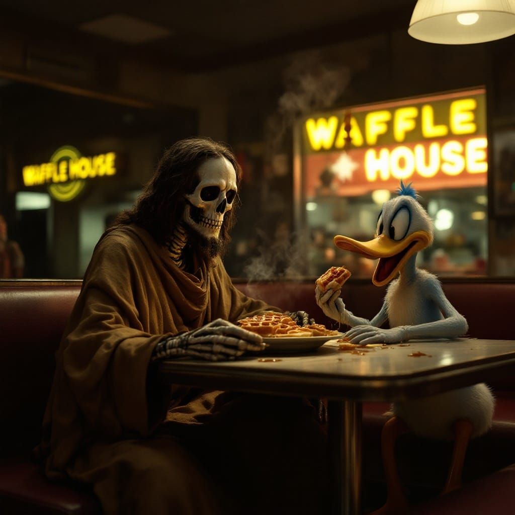 Skeleton Jesus Christ and Donald DUCK eating waffles at the Waffle House