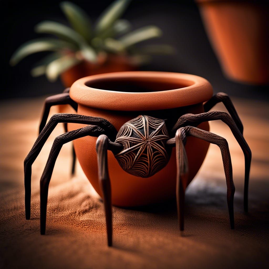 a clay spider carrying a clay pot intricate details, HDR, beautifully ...
