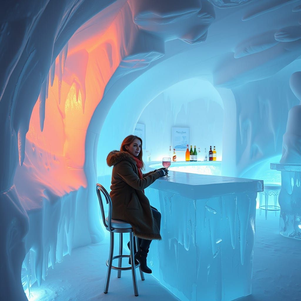 At the bar in an ice hotel - Woman Sits in Futuristic Ice Ho...