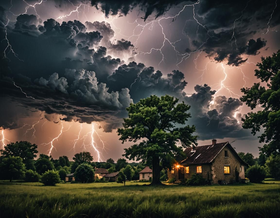 thunderstorm after a sweltering summer day in a small village; trees ...