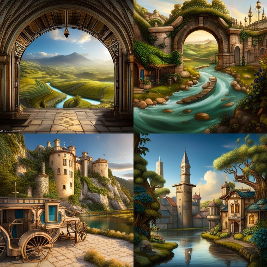 A whimsical fantasy steampunk setting of a vineyard river valley with ...
