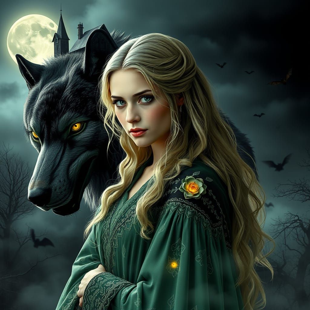 Galadriel LOTR is a Witch with her magical Wolf at her castle