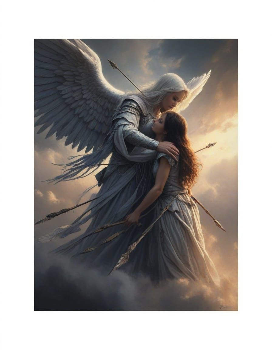 guardian angel shielding a woman from the arrows which are all stuck in ...