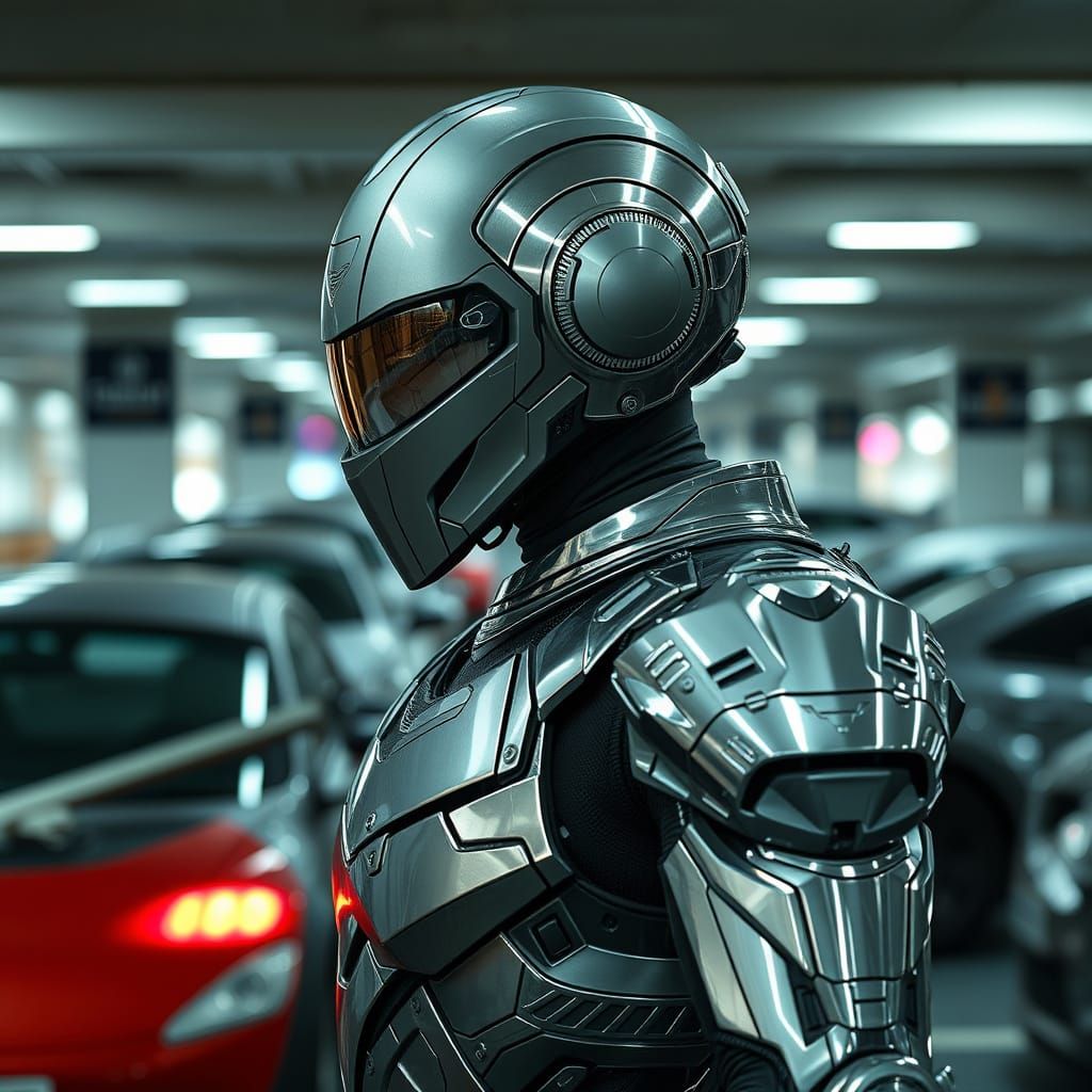 Cybernetic Warrior in Polished Metal Armor - AI Art