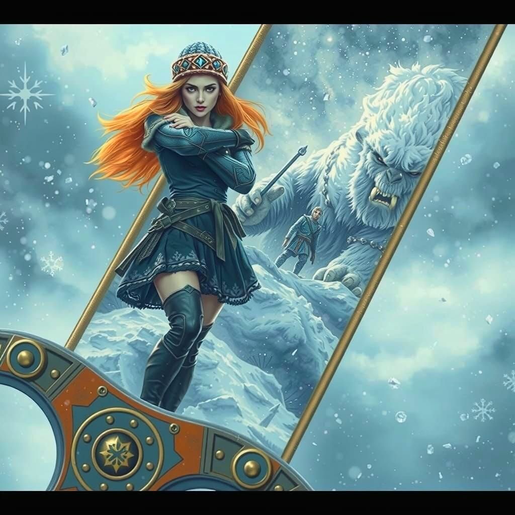 Ice Sword - Viking Valkyrie in Snowy Blizzard with Yeti