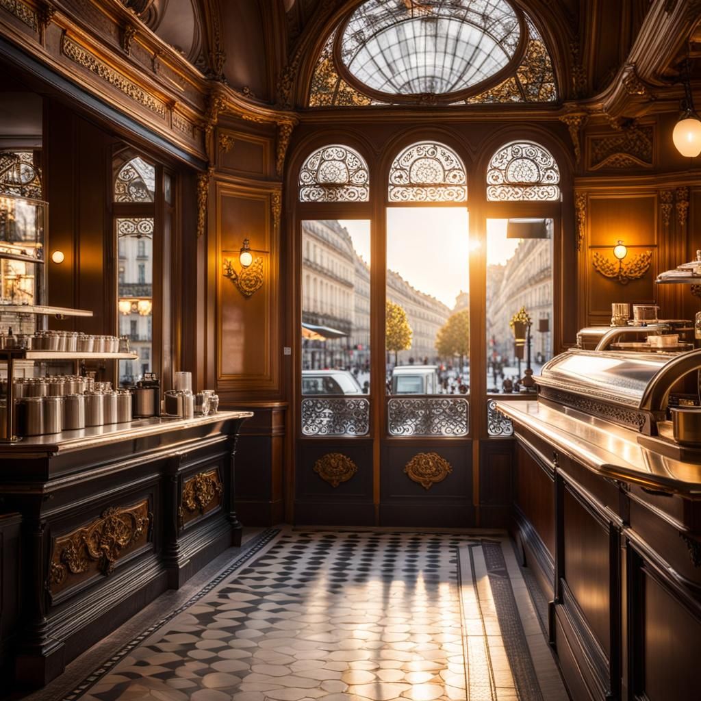 Interior of an old style Parisian Café around the year 1900 at sunrise ...