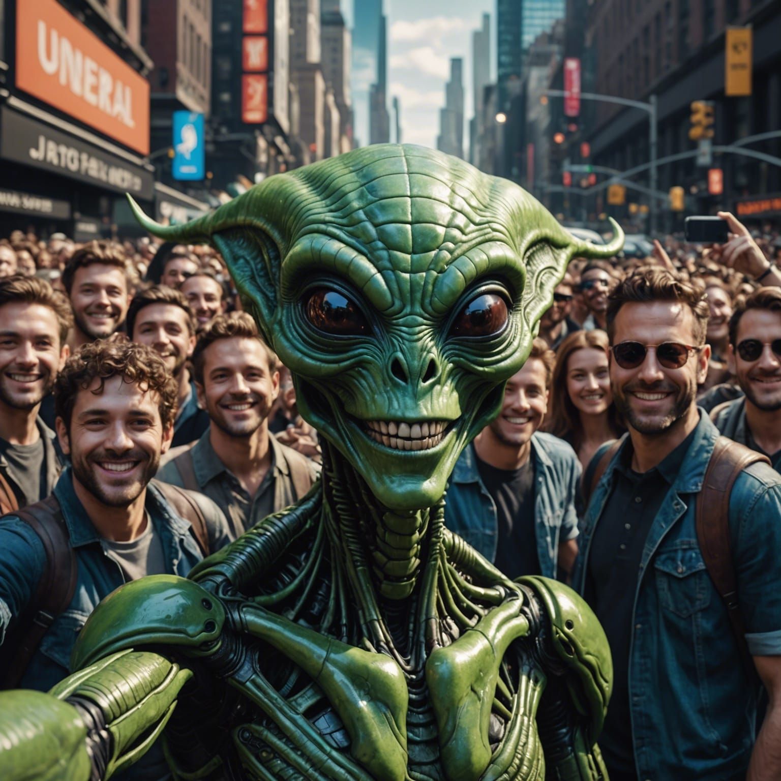 Alien smiling, taking selfie with a variety of different New York crowd ...