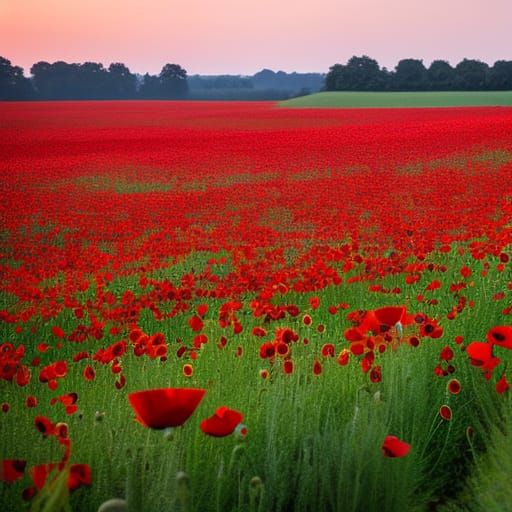 Beautiful field of red poppies, sun going down, magic hour, no people ...
