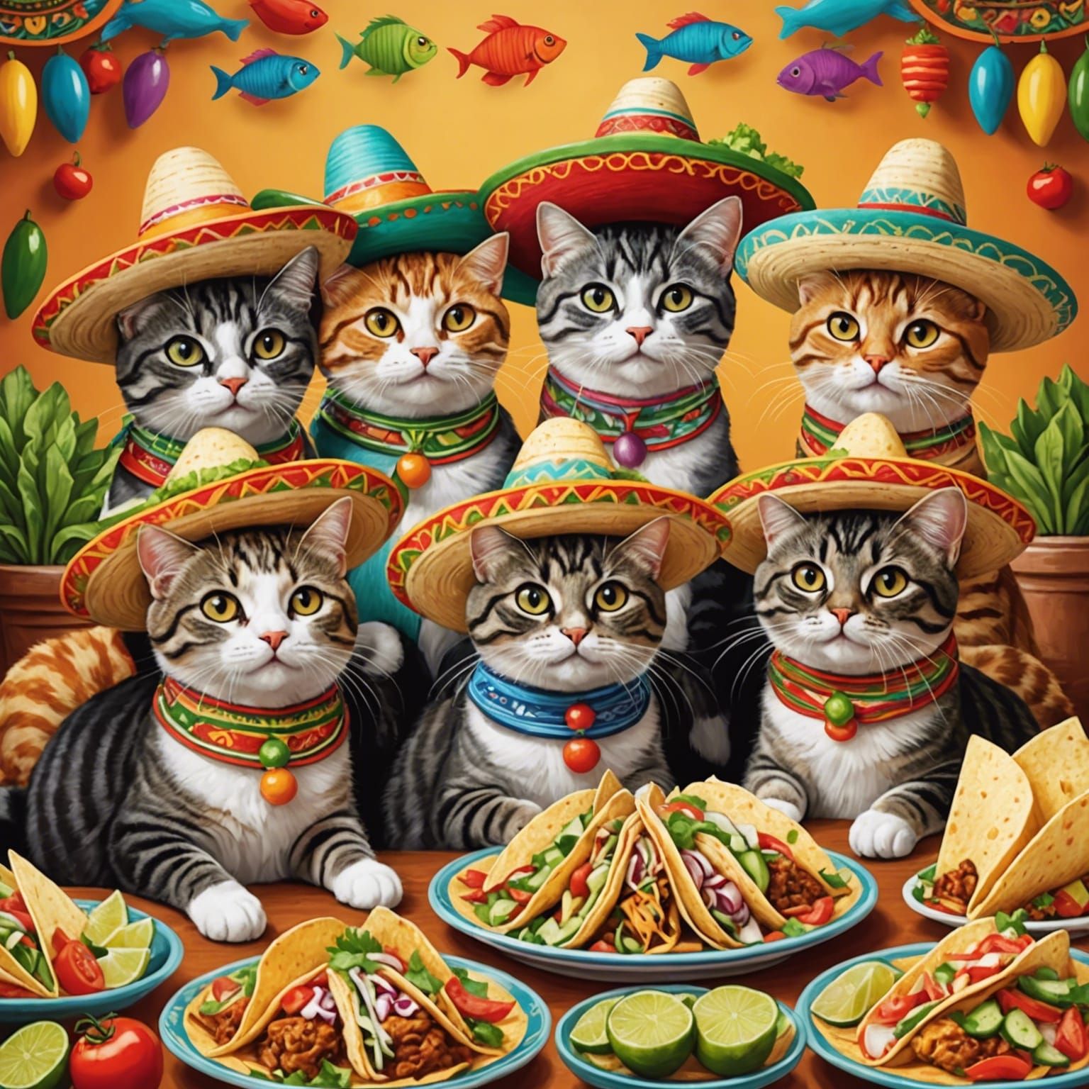 Cute adorable illustration of several multi-colored cats wearing ...