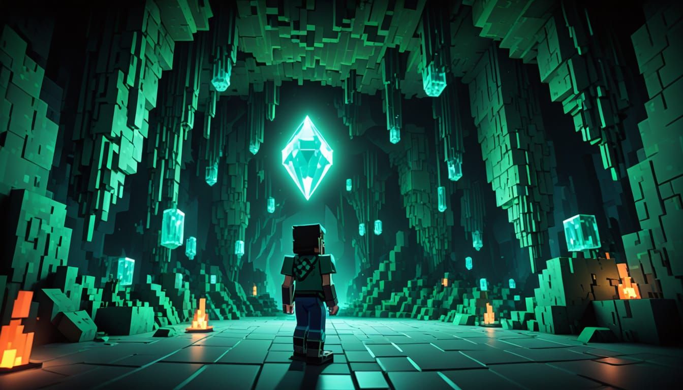 emerald - Minecraft Creeper Ambush in a Vibrant Cave