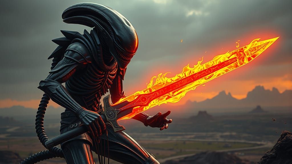 Alien Warrior wielding a sword of fire