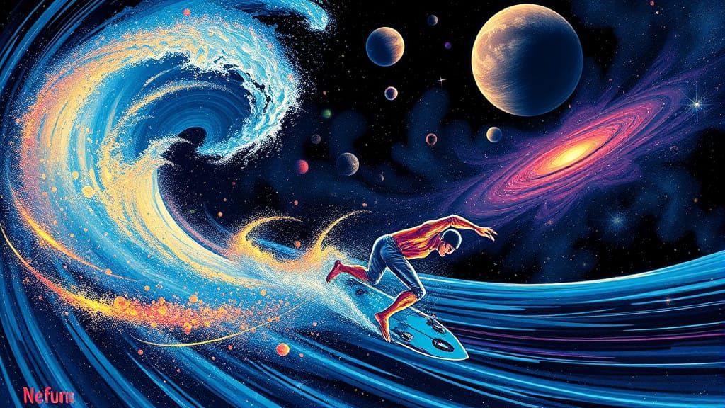 Cosmic Surfer in a Swirling Vortex of Stars and Pl... - AI Art