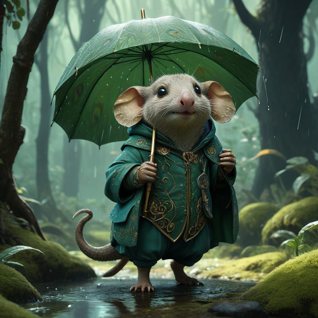 green - Mossy Elephant Shrew Under Whimsical Tail-Umbrella