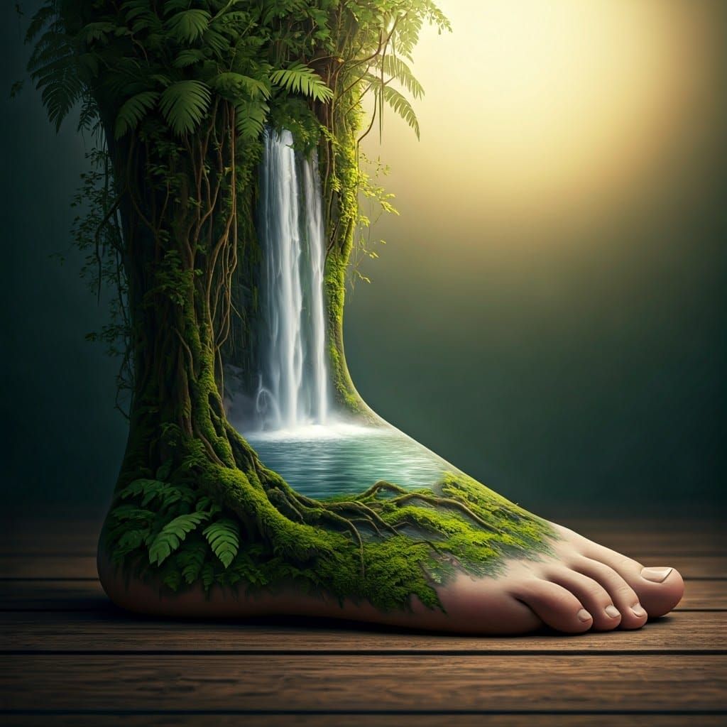waterfall - Surreal Hyper-Realistic Foot Amidst Cascading Wa...