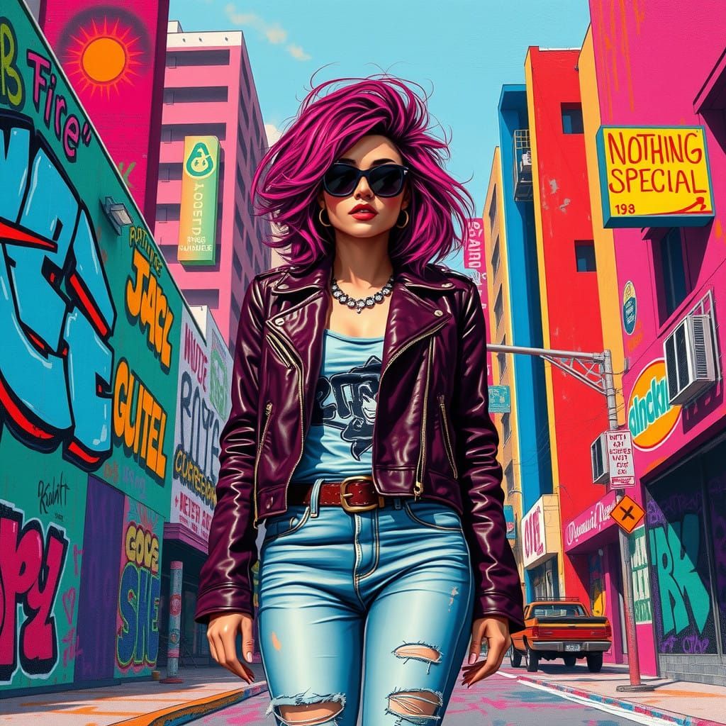 Confident Woman Defies the Night in Neon-Lit 80s L... - AI Art