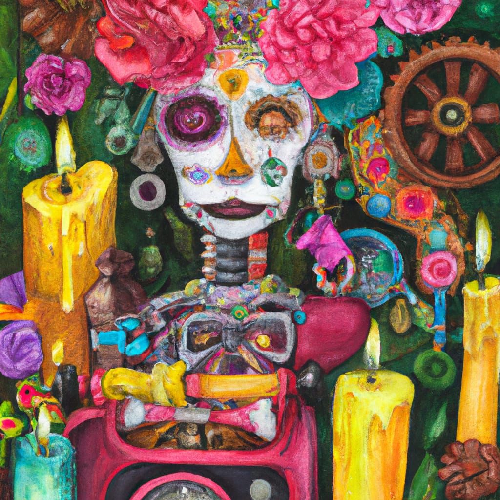 Beautiful alter sugar skull female skeleton Frida Kahlo with candles ...