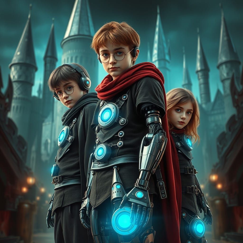 Cyborg Wizards of Hogwarts: Harry, Ron, and Hermio... - AI Art