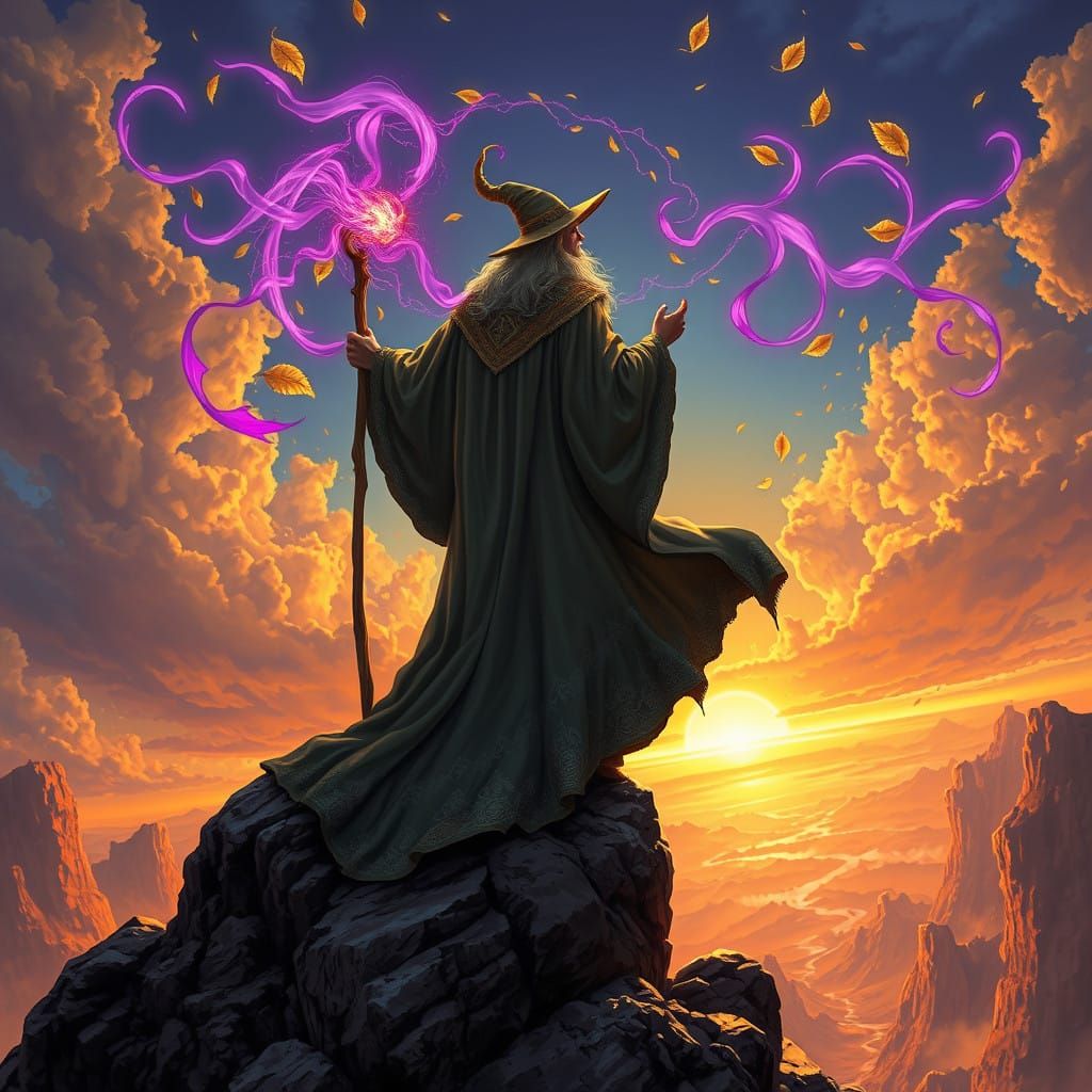 dnd inspired wizard standing on a rock outcropping