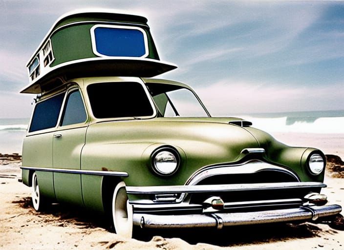 1950s retro futuristic science fiction rv ratrod camper parked on a ...