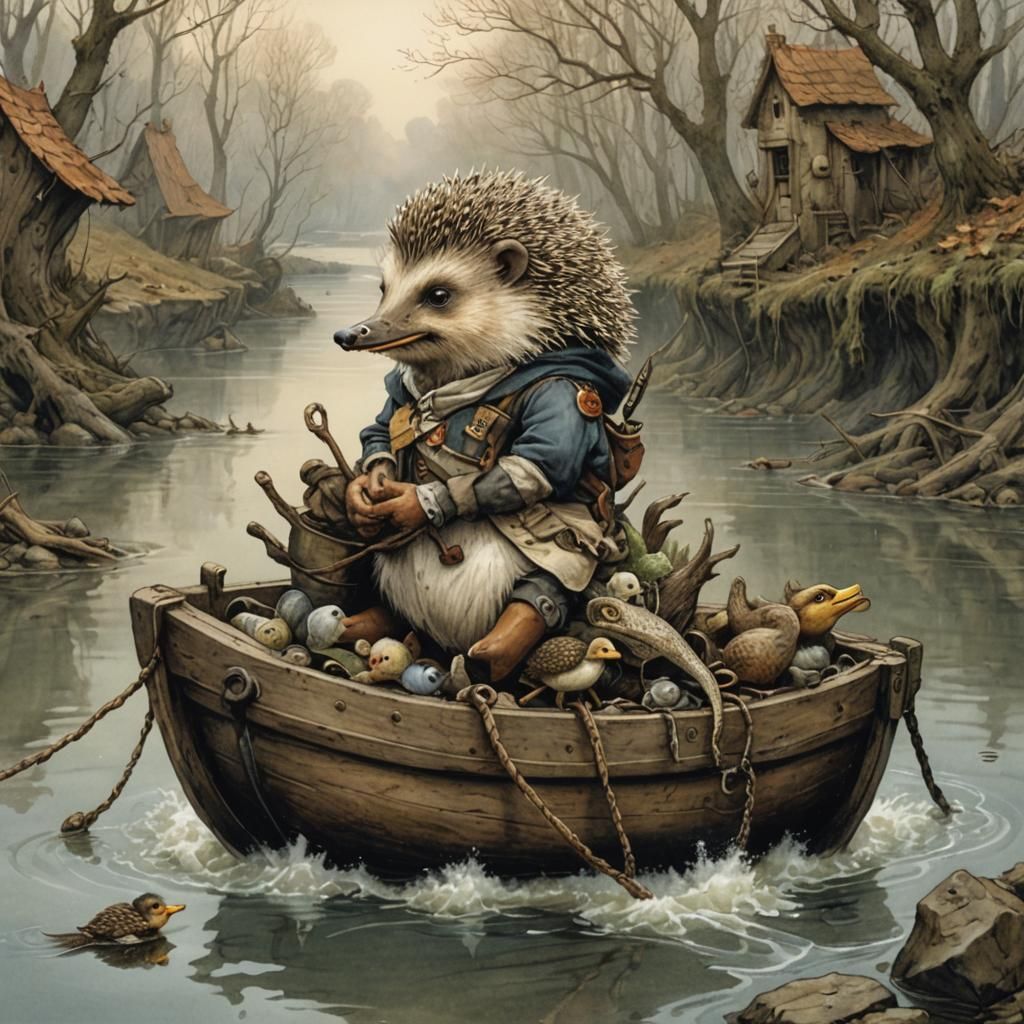 Fairytale fantasy illustration: a hedgehog, a duck and a snake sailing ...