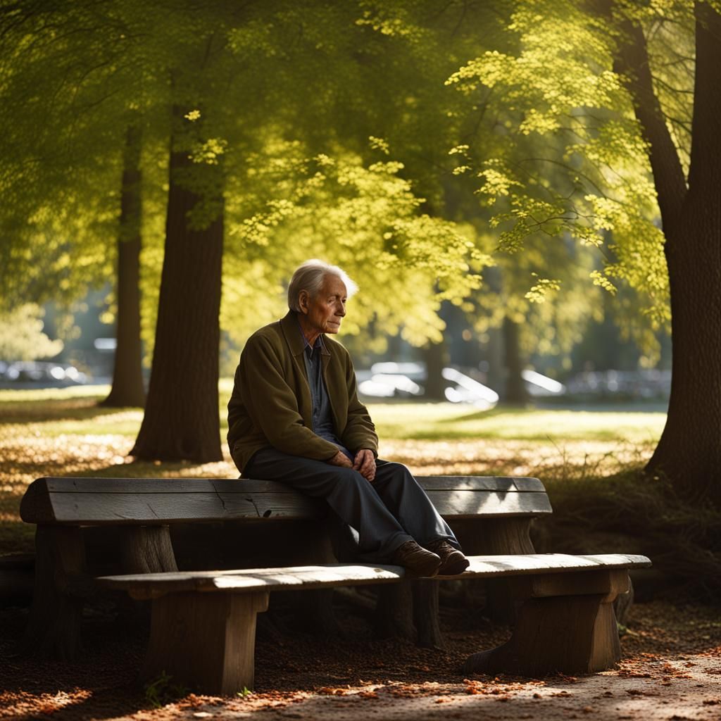 A photo of a person sitting on a weathered wooden bench, their posture ...