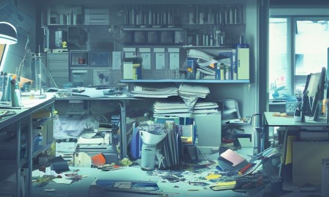 mess, clutter, messy laboratory, notes scattered around, sci-fi, alien ...