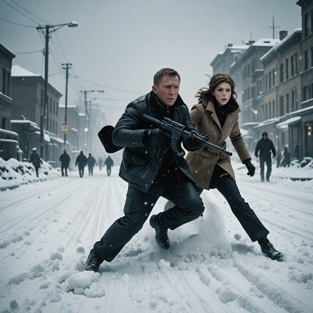 Vintage James Bond Action Scene in Snowy Whiteout ... - AI Art