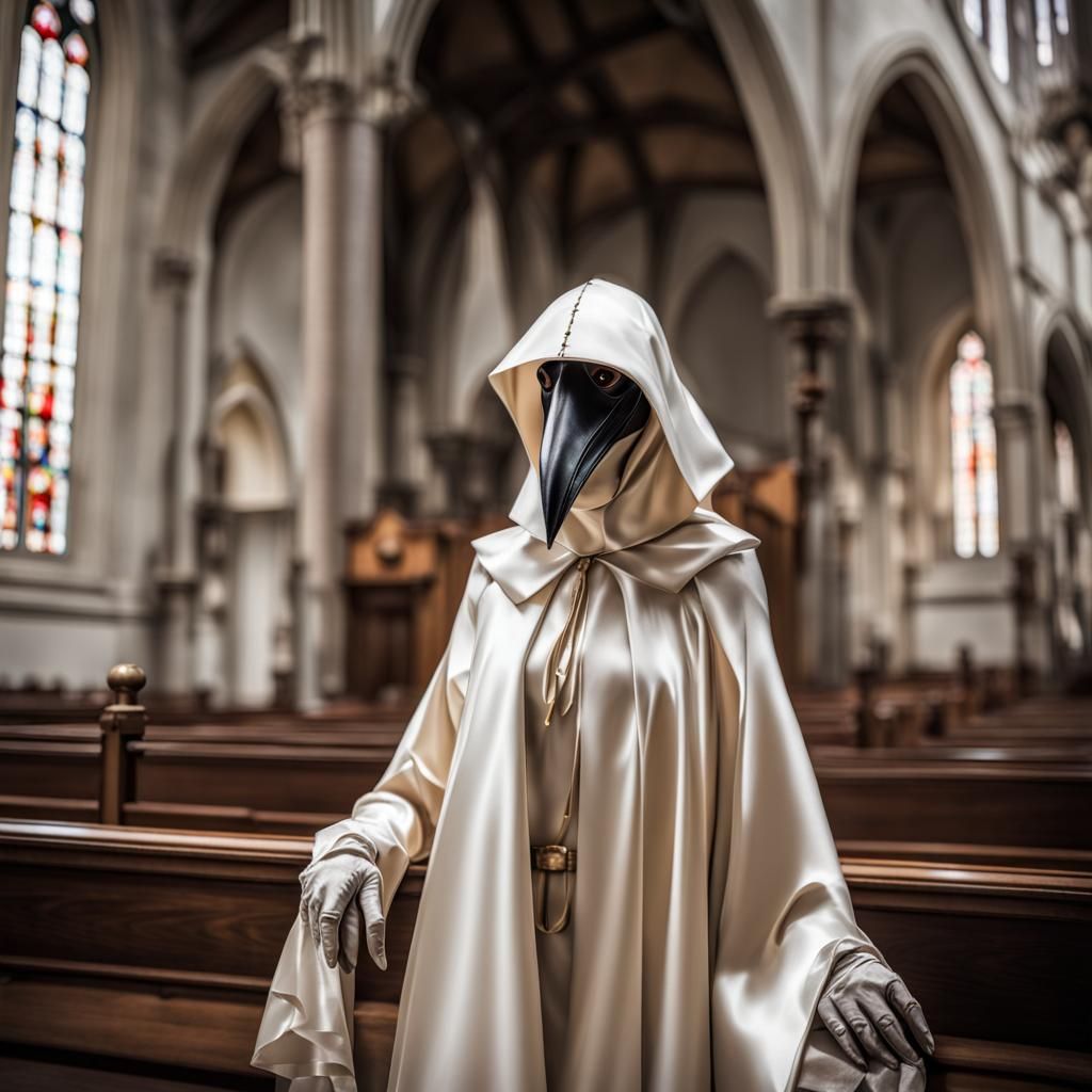 A veiled female plague doctor in an ivory satin outfit in a church - AI ...