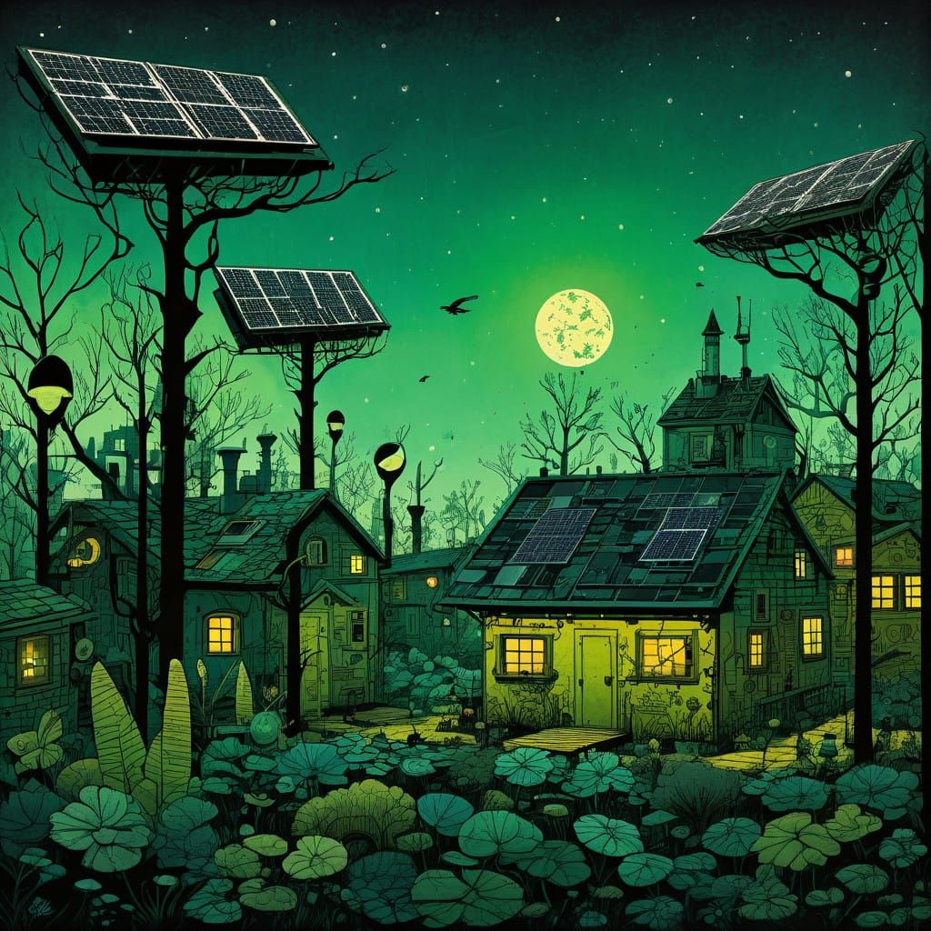 Solarpunk - Surreal Solarpunk Utopia with Green Rooftop Gard...