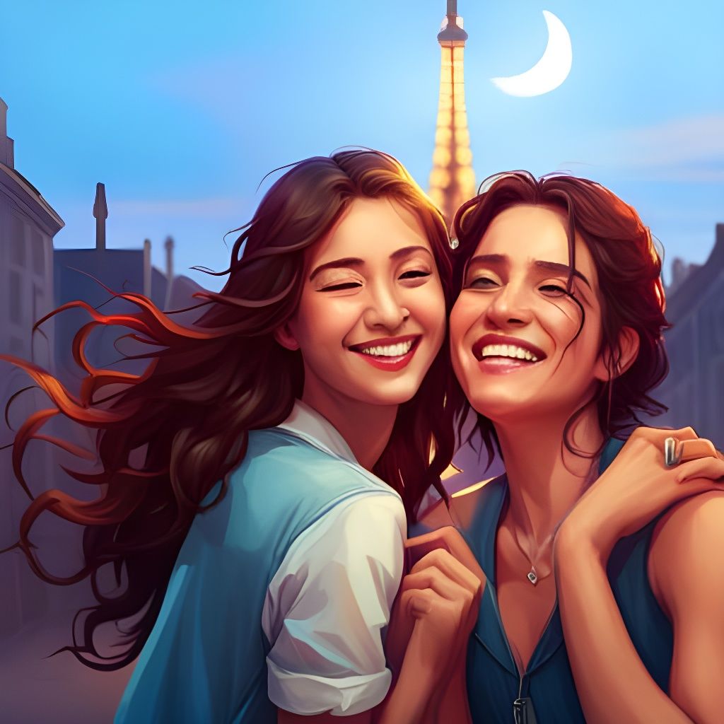 2 best friends bursting in laughter in the streets of Montmarte - AI ...