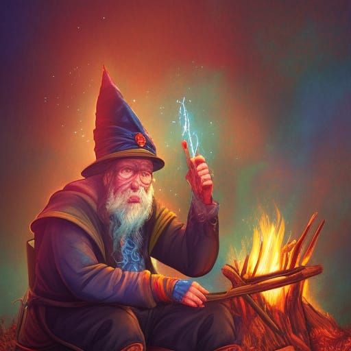 Old wizard sitting near red green and blue magic campfire - AI ...