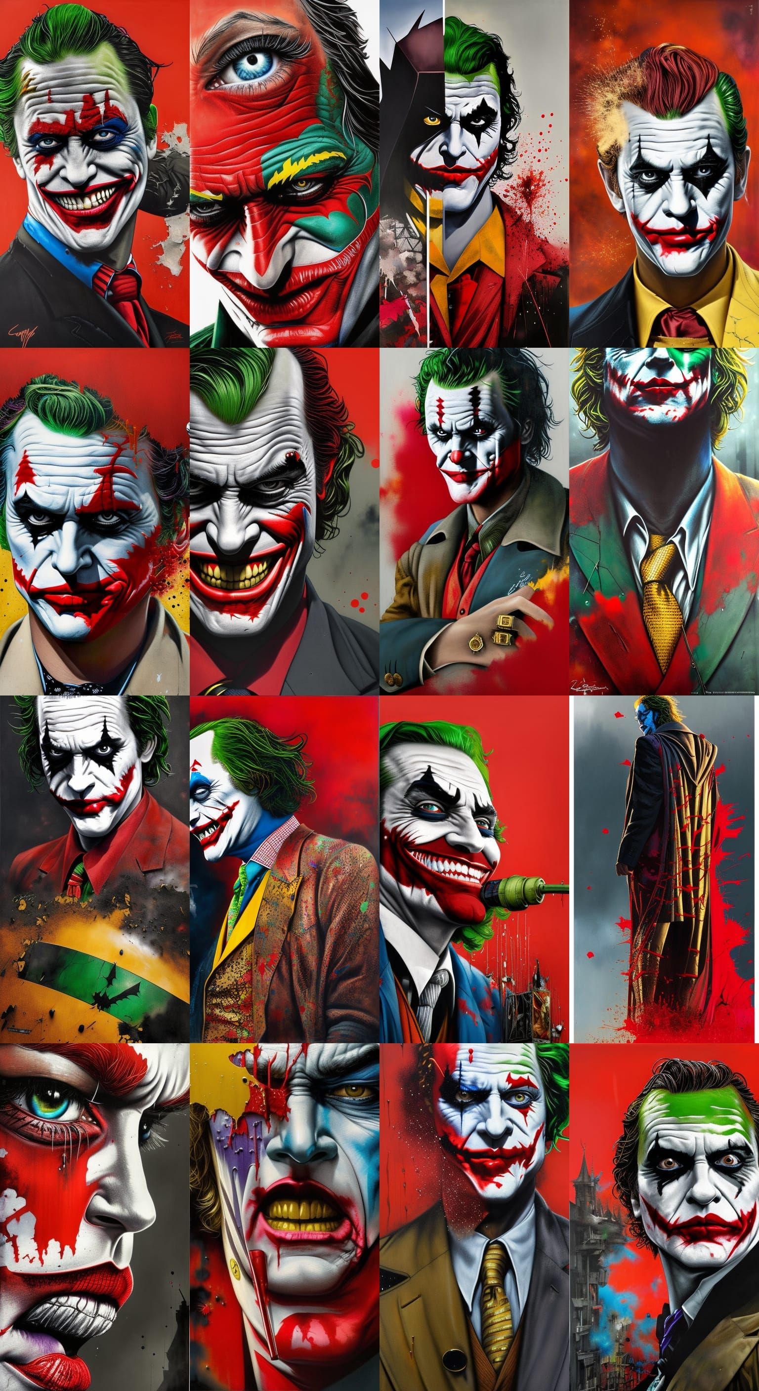 the Joker wears a full colorful Batman's suit, red background, insanely ...