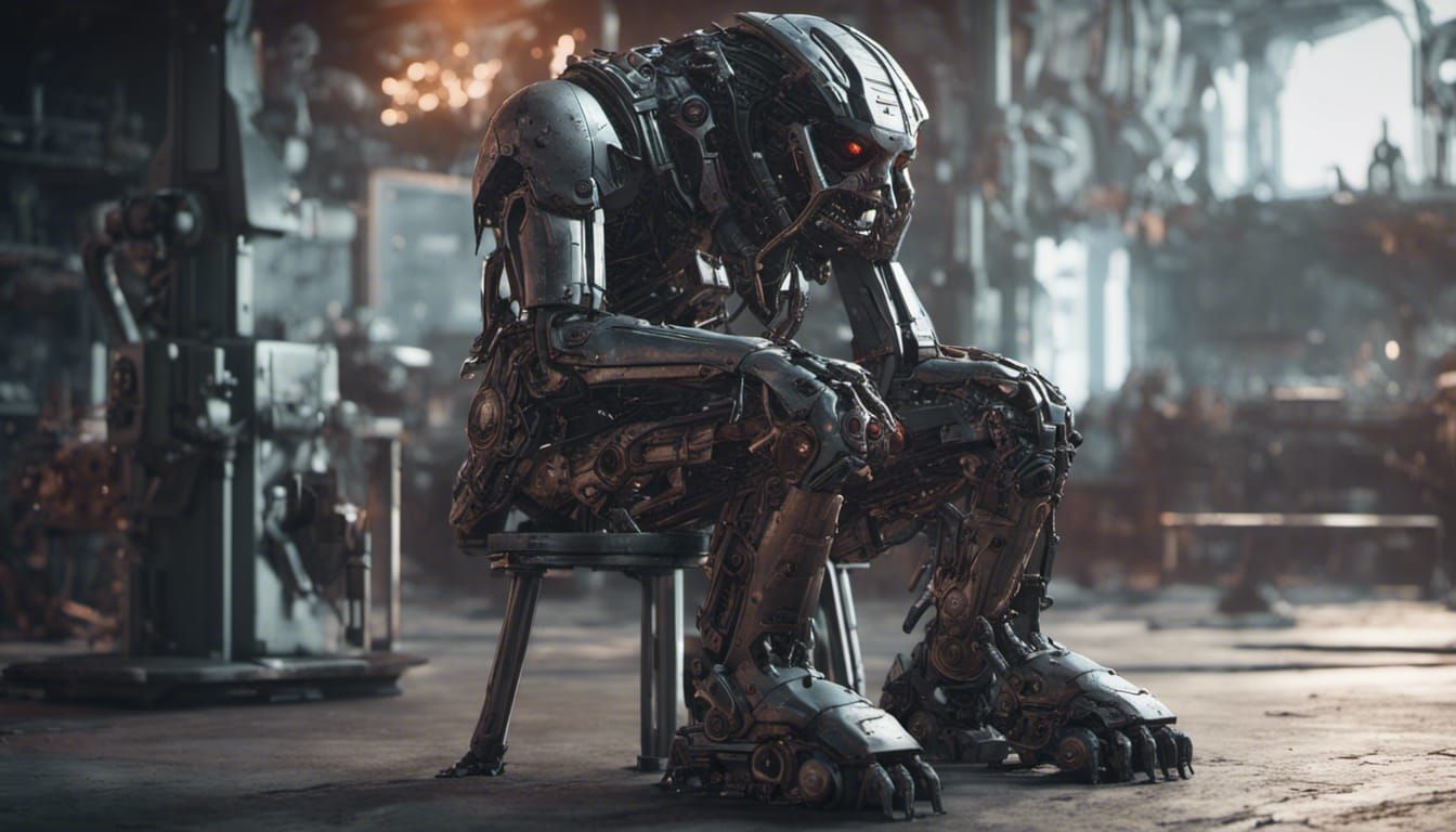 Heartbroken Monster sitting on a stool, crying and lamenting intricate ...