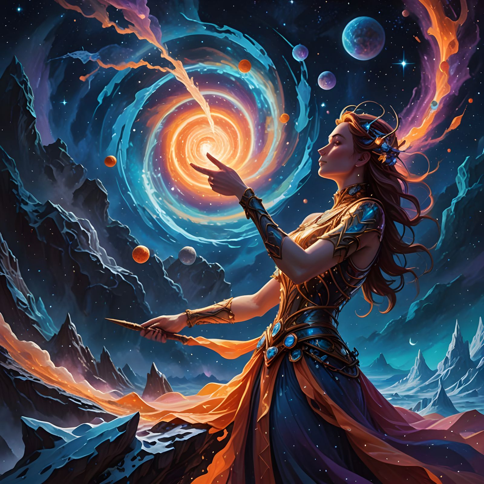 A cosmic artisan hammers nebulae into glowing statues atop a platform ...