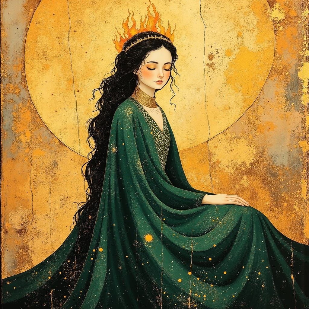 Regal Portrait of the Irish Goddess Brigid in Emer... - AI Art