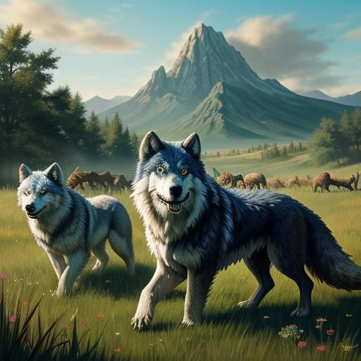 a pack of dire wolves hunting through a grassy plain - AI Generated ...