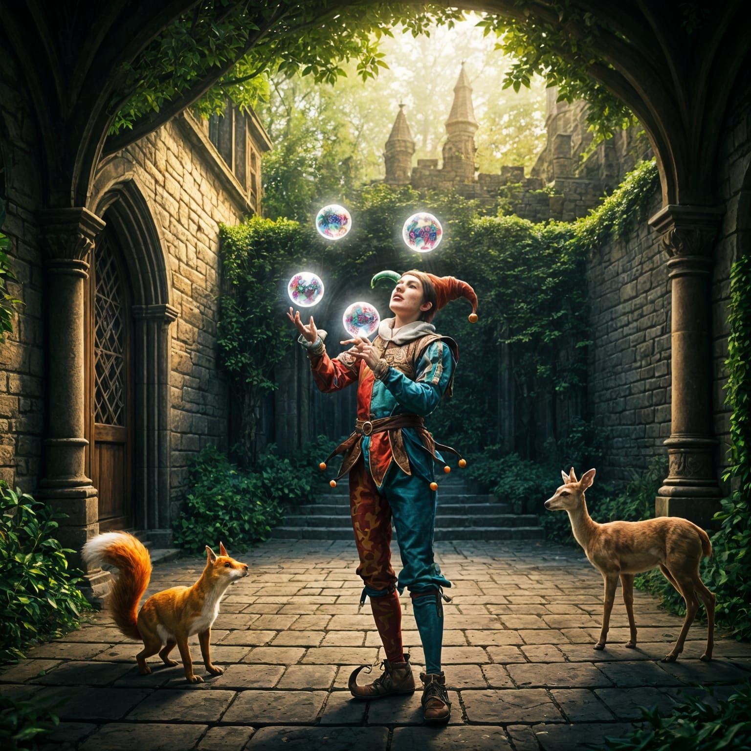 Medieval Jester Enchants Forest Creatures with Vib... - AI Art