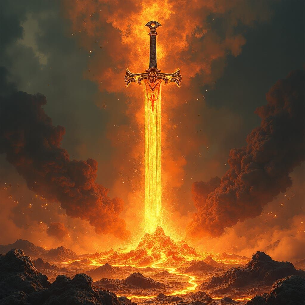 An ink illustration of a sword forged from lava and fire, steam and ...