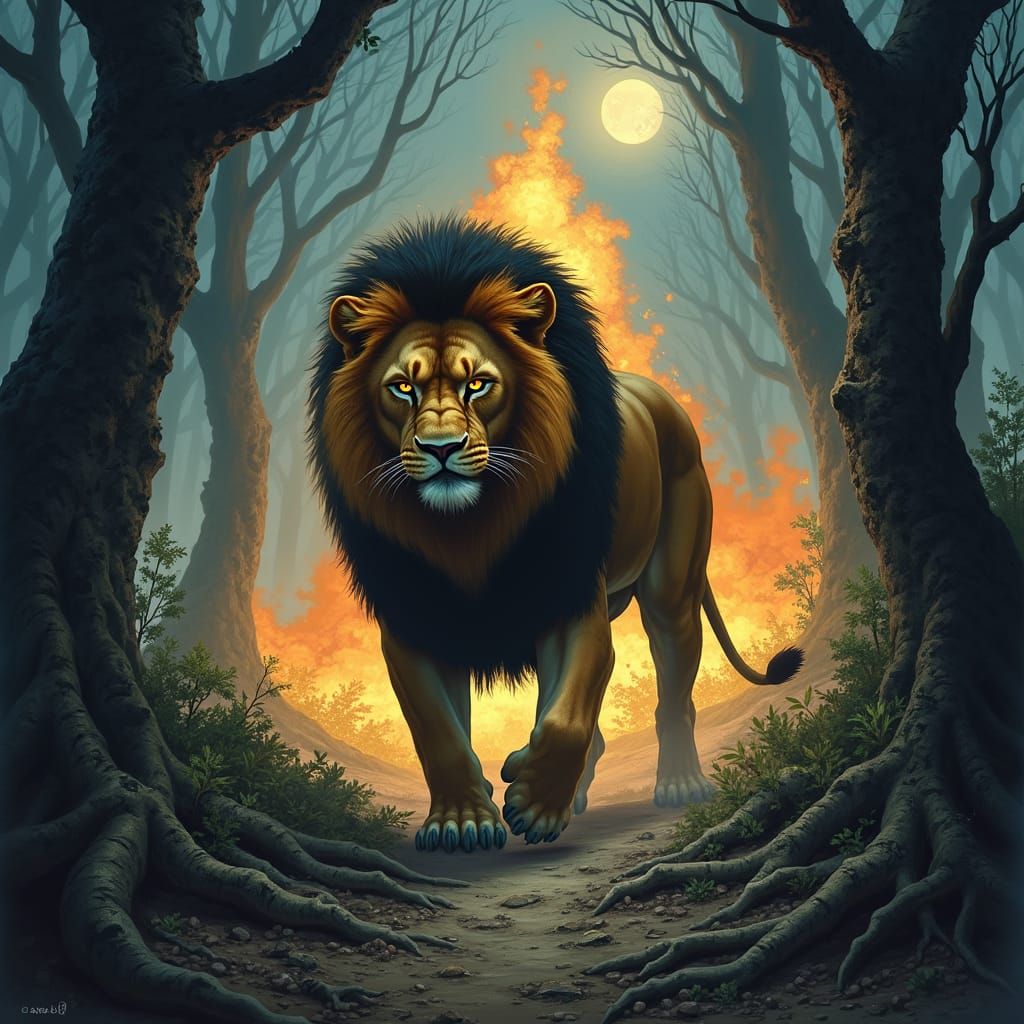 Dark Fantasy Lion in Midnight Forest Inferno - AI Art