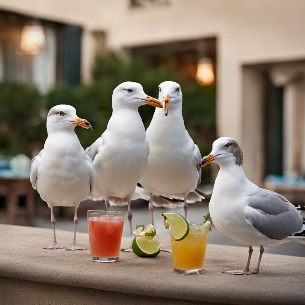 Seagulls drinking cocktails out on the patio - AI Generated Artwork ...