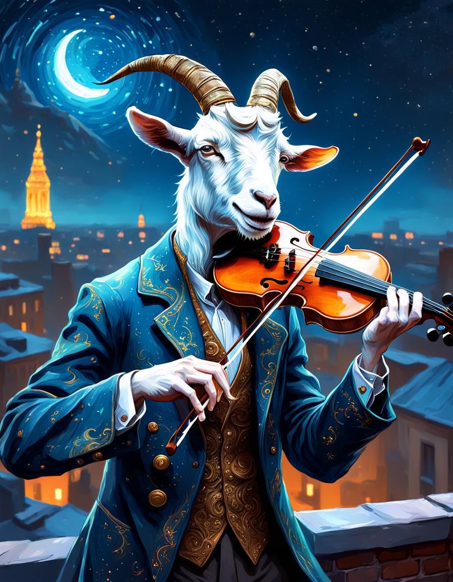 Goat person playing violin on a rooftop, anthropomorphic, Dreamy Van ...