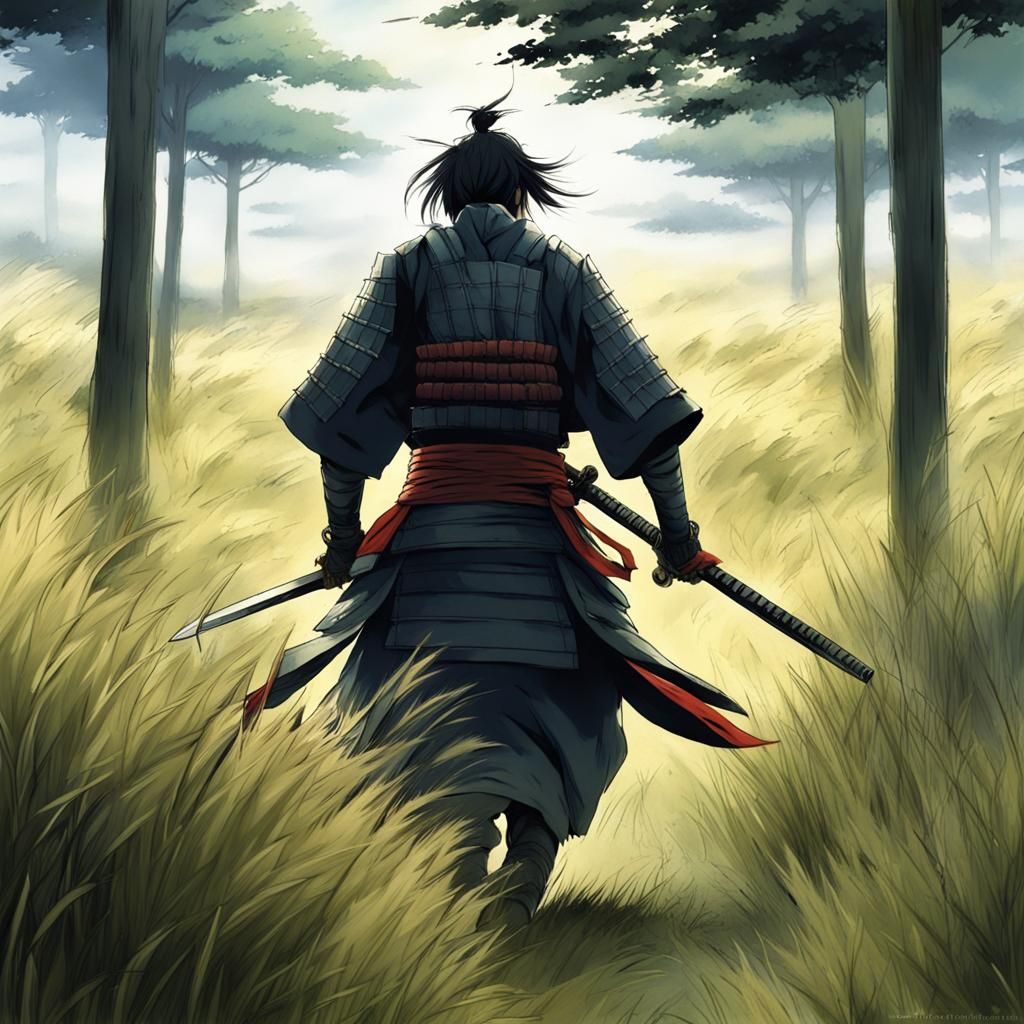 Japanese samurai warrior walking to war in long grass - AI Generated ...
