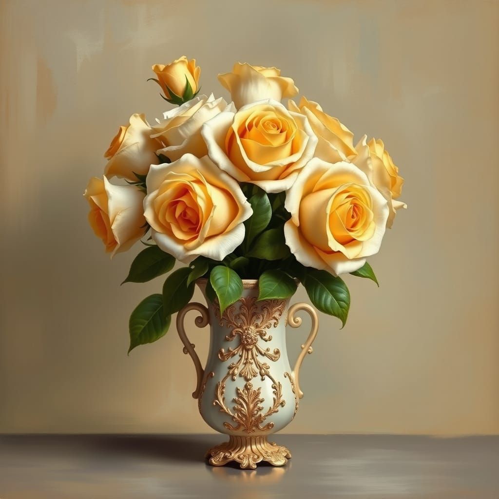 Gold Roses in a white vase - Gold Roses in a white vase