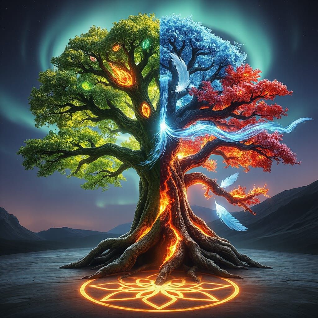 🔥💧🌪️ Elemental Tree of the Four Forces – Text Prompt: A majestic ...