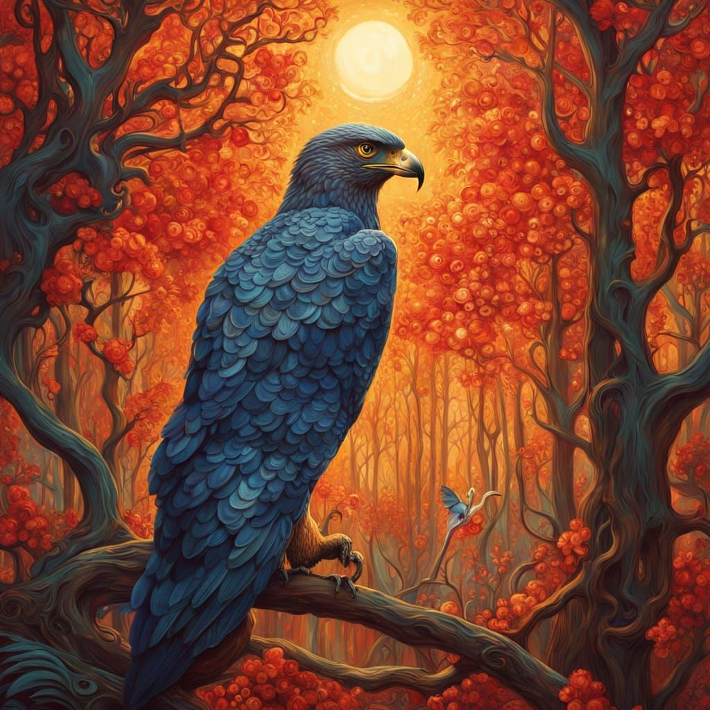Blue Bird II - Glowing Hawk in Golden Hour Art Nouveau