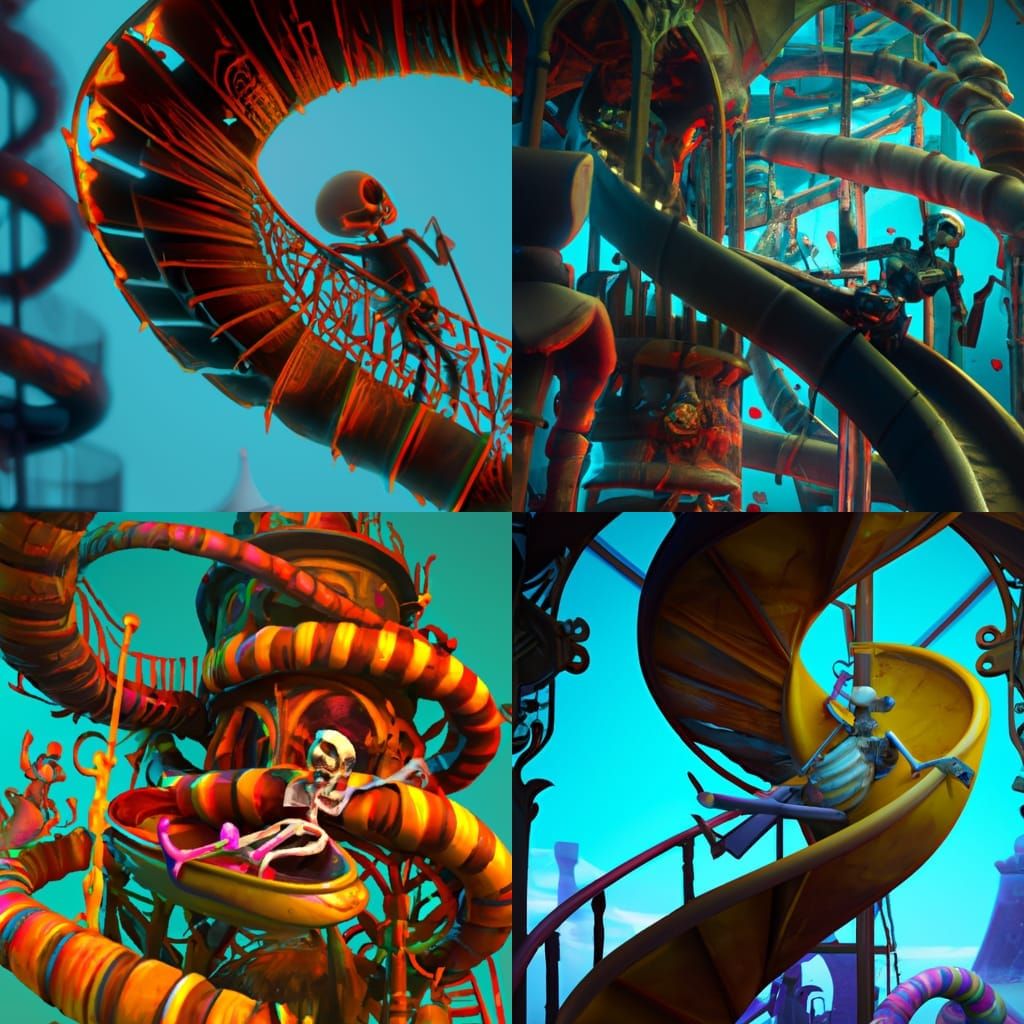 skeleton riding a helter skelter spiral slide - AI Generated Artwork ...